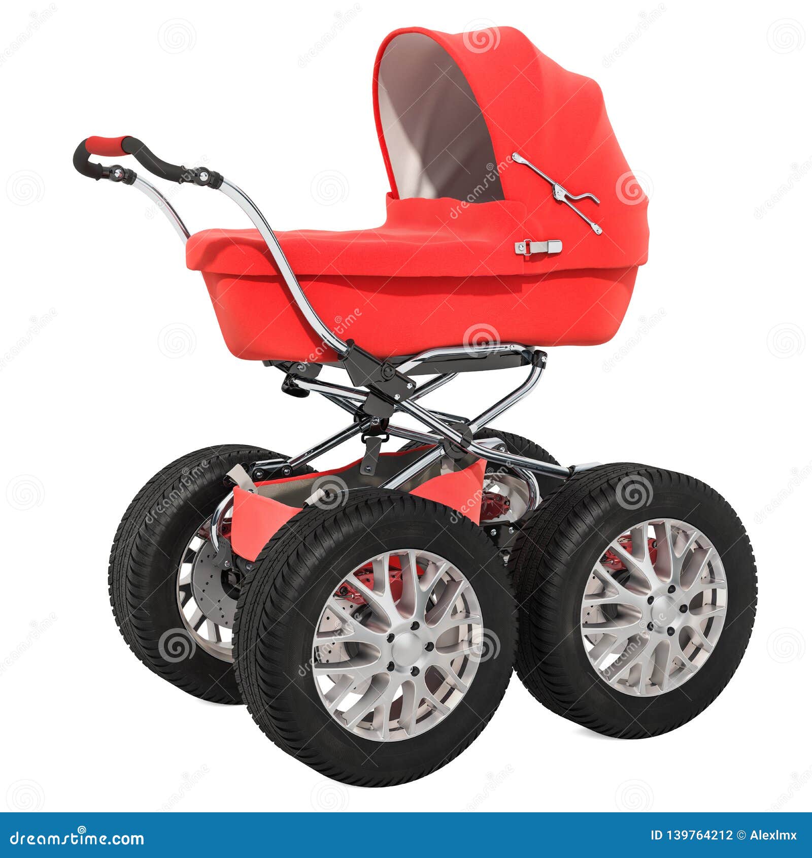 Baby Pram with Car Wheels, 3D Rendering Stock Illustration ...