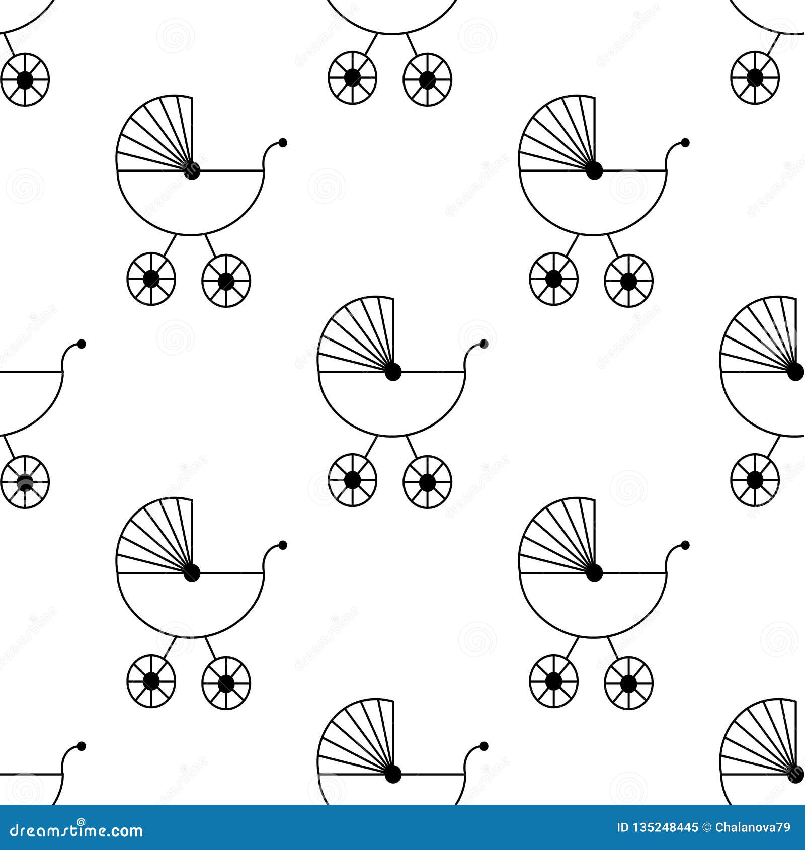 Baby Pram Line Seamless Pattern on White Background. Vector ...
