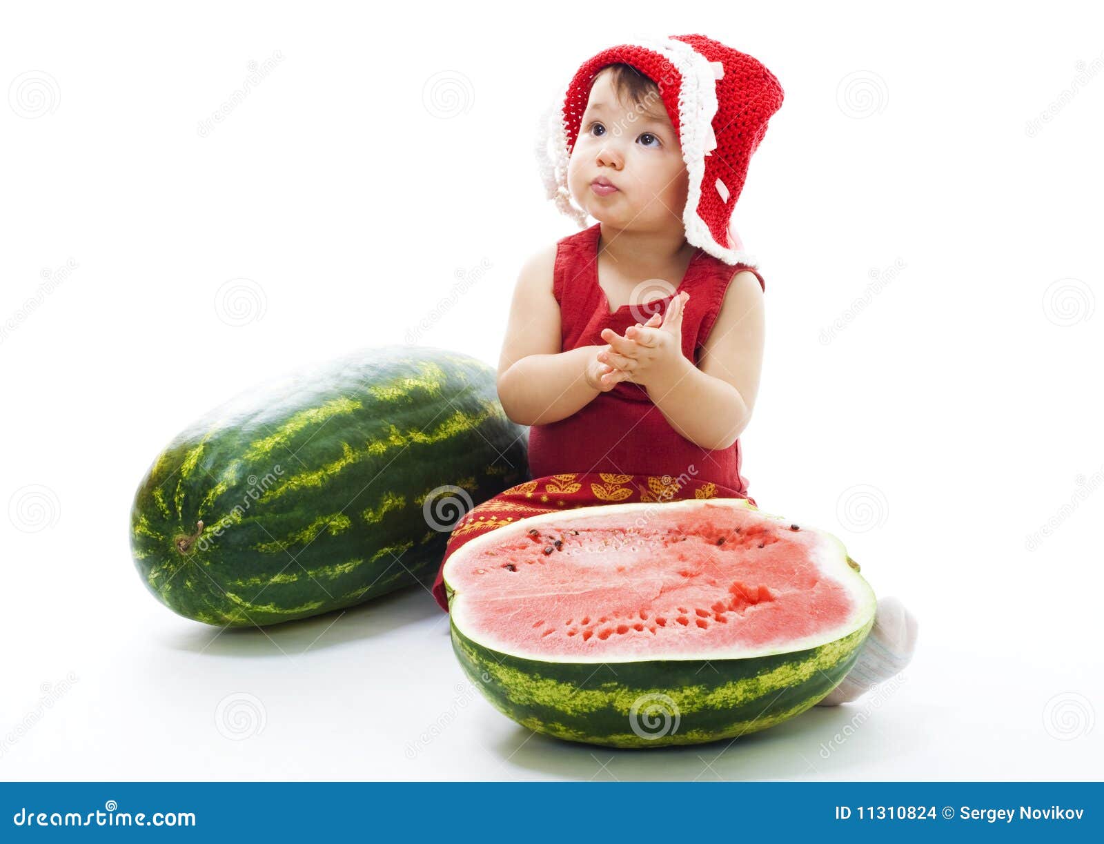 Baby with Red Dress and Cap Sit with Watermelon Stock Photo - Image of ...