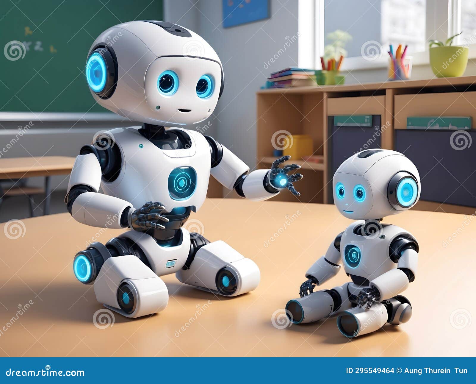 A Baby Robot Learning from Human Stock Illustration - Illustration of ...
