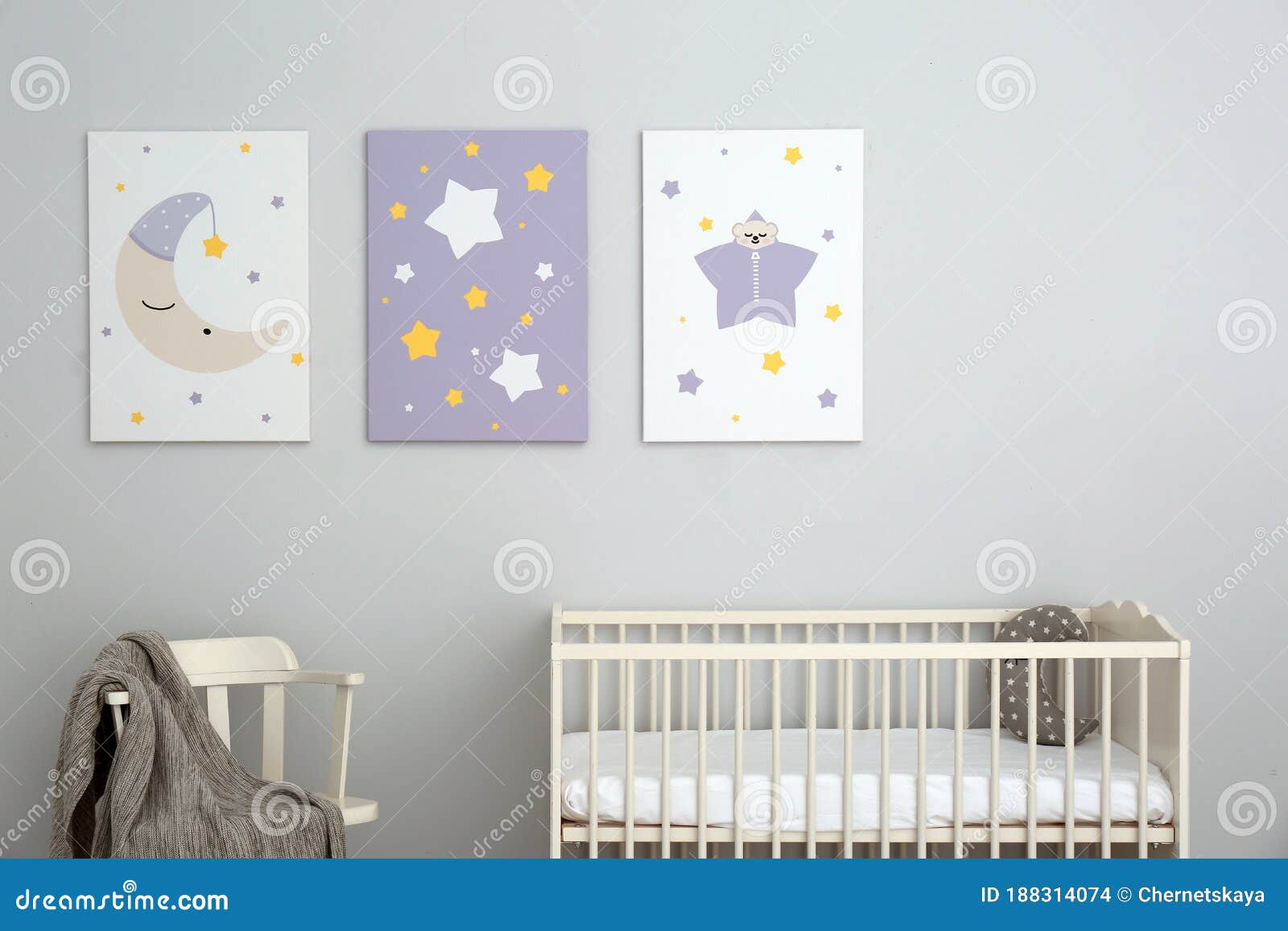 Baby Room with Crib and Cute Posters on Wall Stock Photo - Image of ...