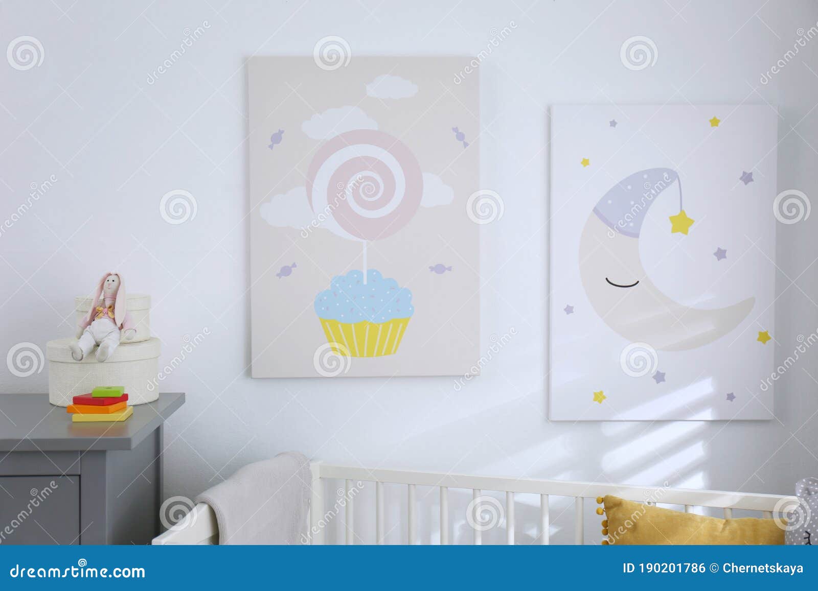 Baby Room with Crib and Cute Posters on Wall Stock Photo - Image of ...