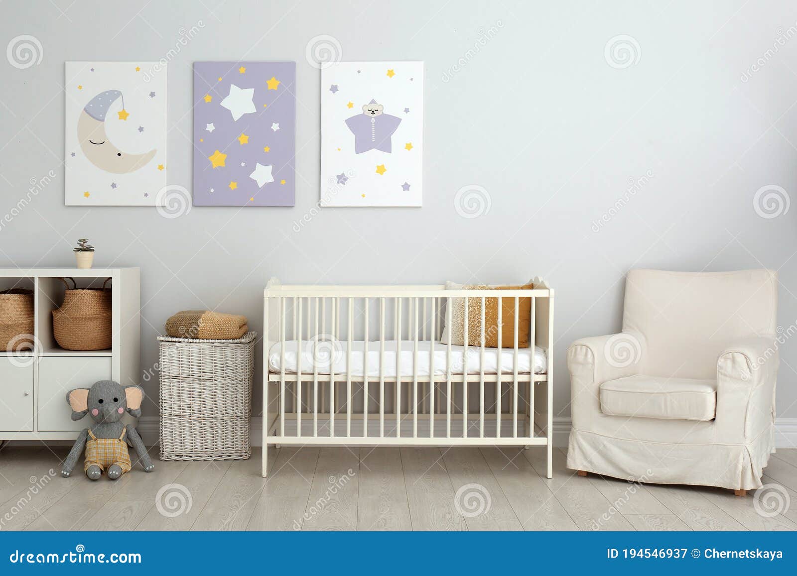 Baby Room with Crib and Cute Posters on Wall Stock Image - Image of ...