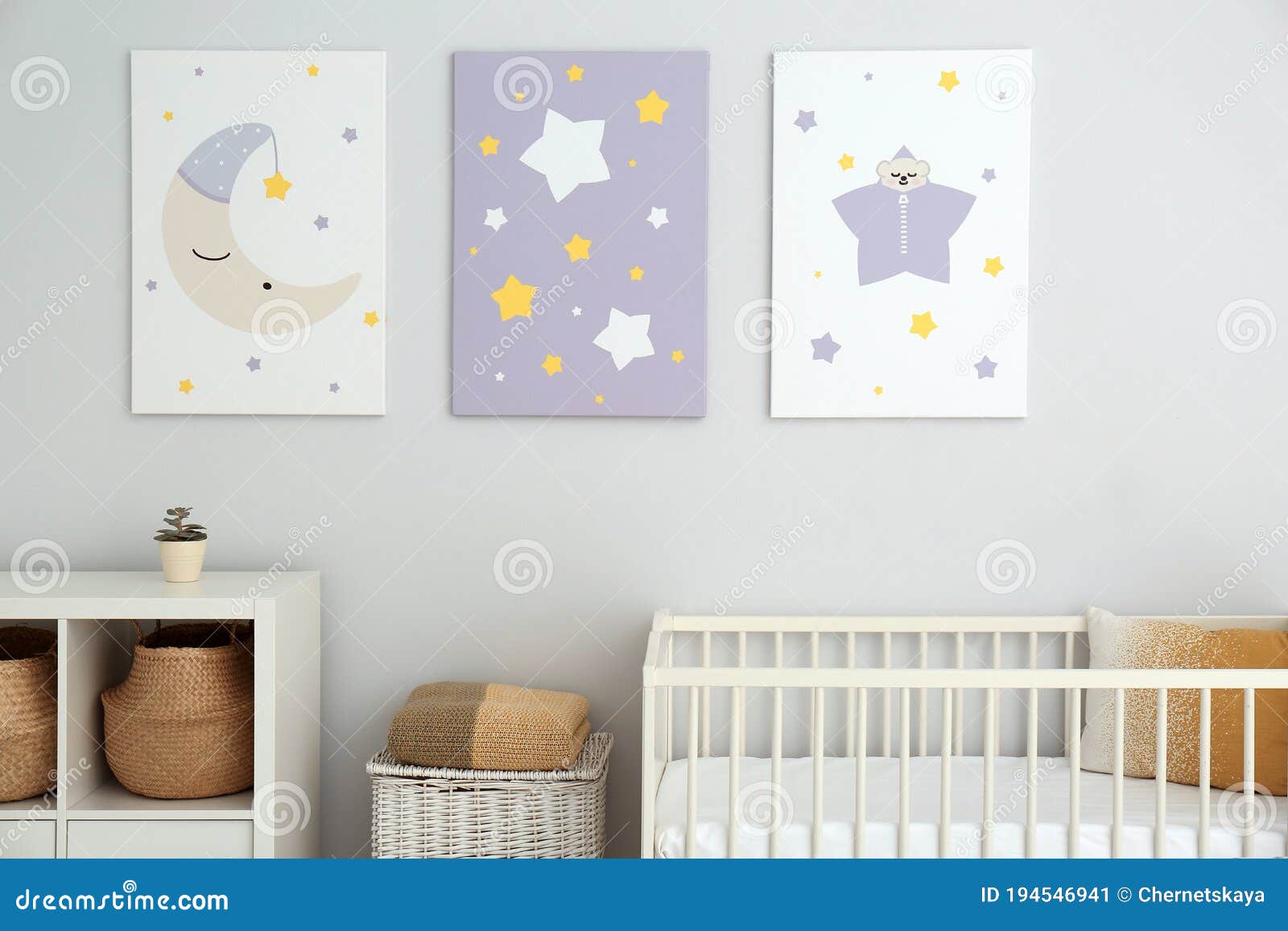Baby Room with Crib and Cute Posters on Wall Stock Image - Image of ...