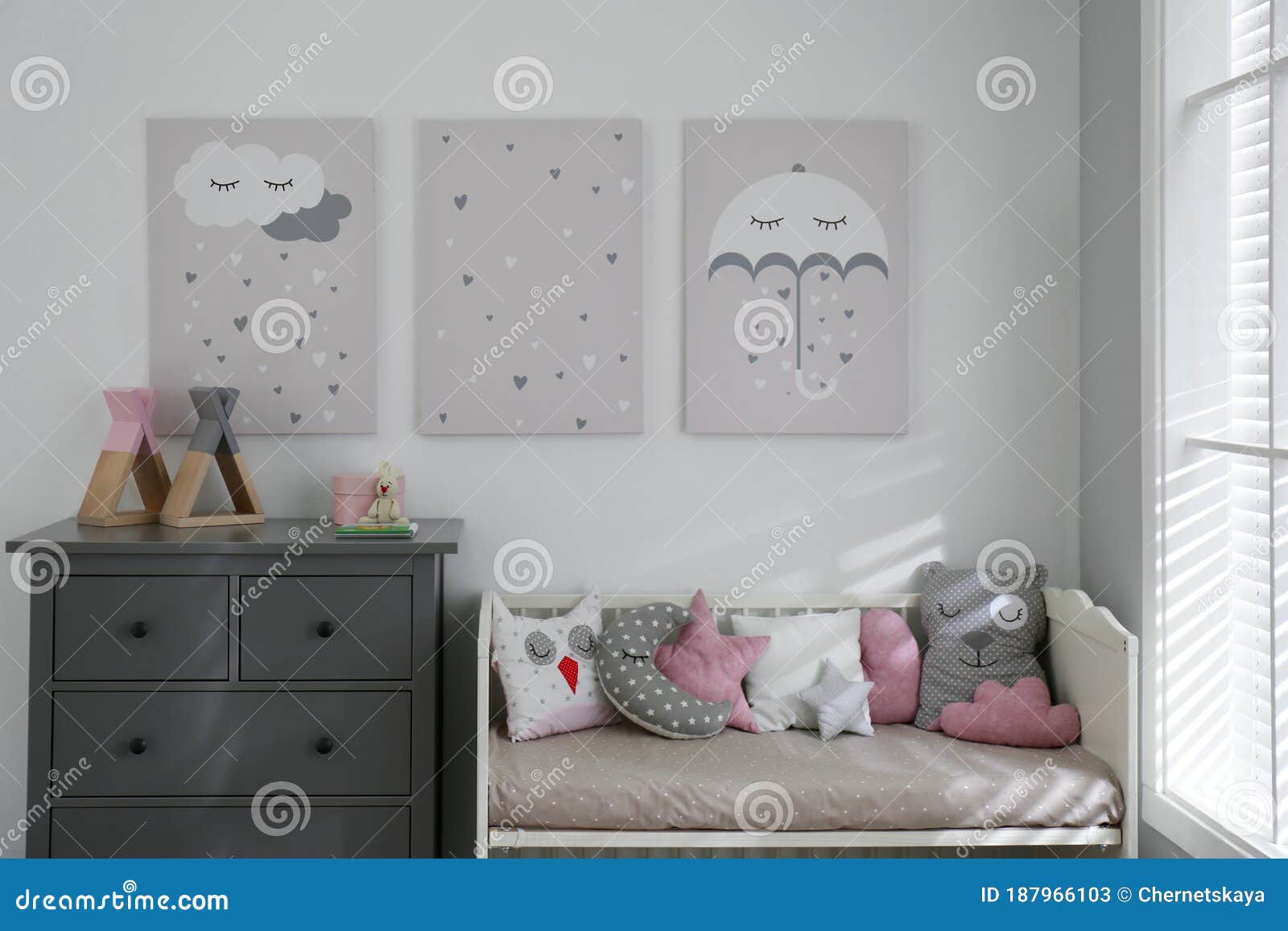 Baby Room Interior with Cute Posters and Bed Stock Image - Image of ...