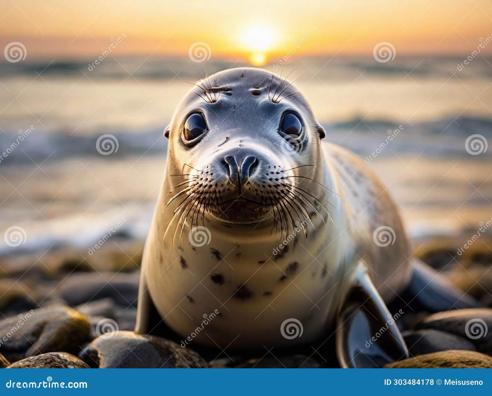 Baby Seal on the Beach at Sunset Stock Illustration - Illustration of ...