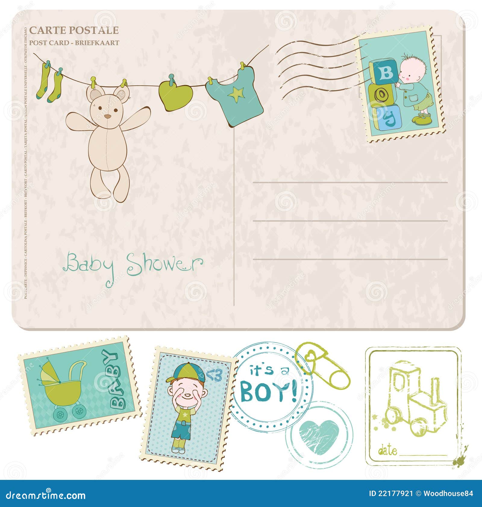 Baby Shower Card with Set of Stamps Stock Illustration - Illustration ...