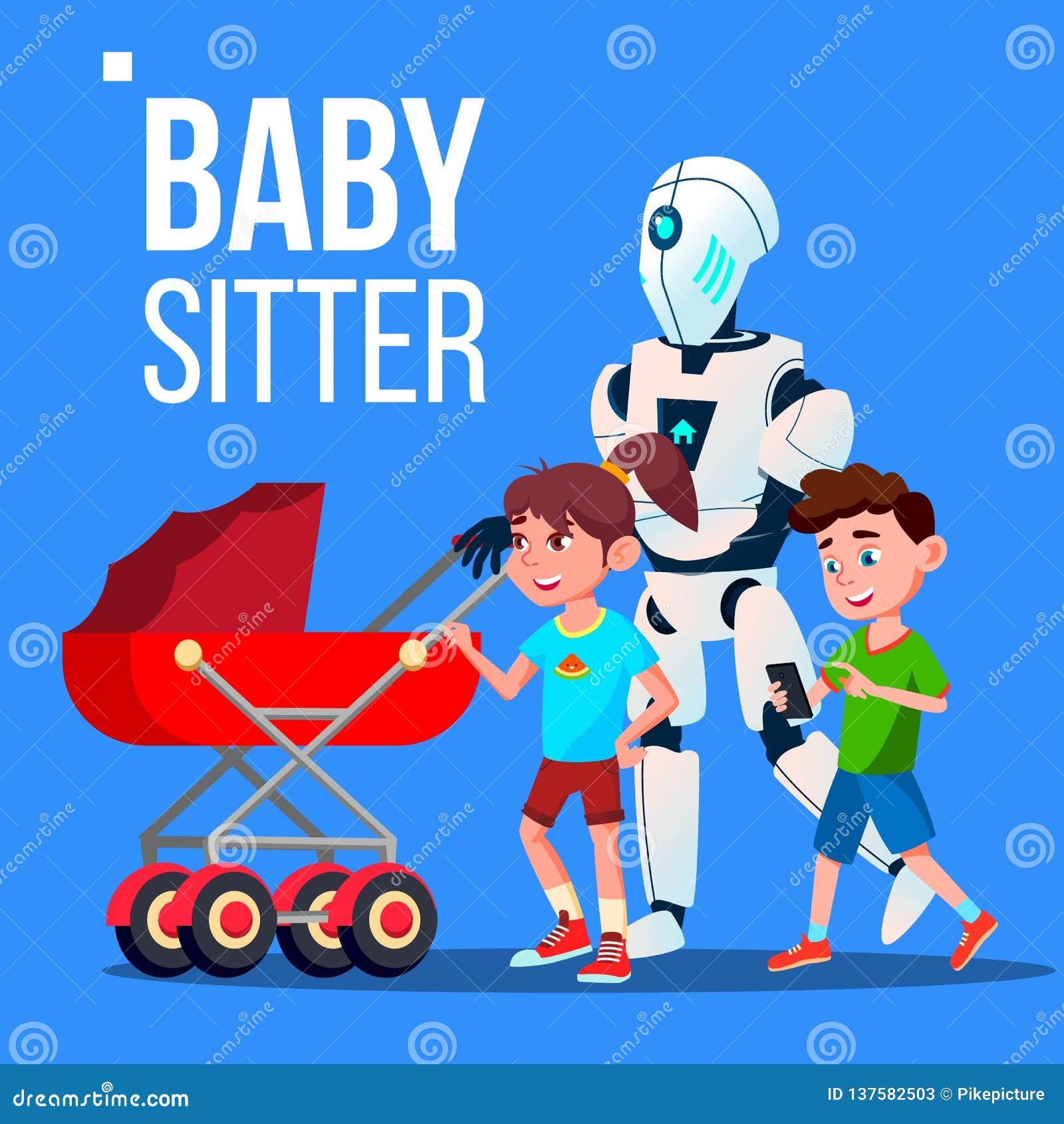 Baby Sitter Robot Going with Baby Carriage Vector. Isolated ...
