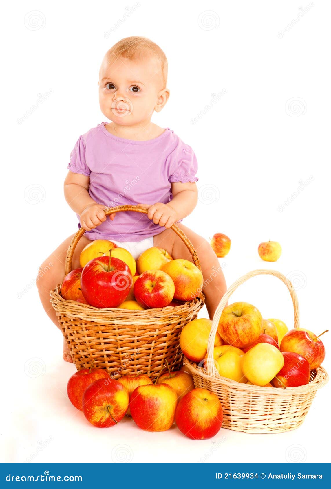 Baby Sitting on Apples Basket Stock Photo - Image of autumnal, holiday ...