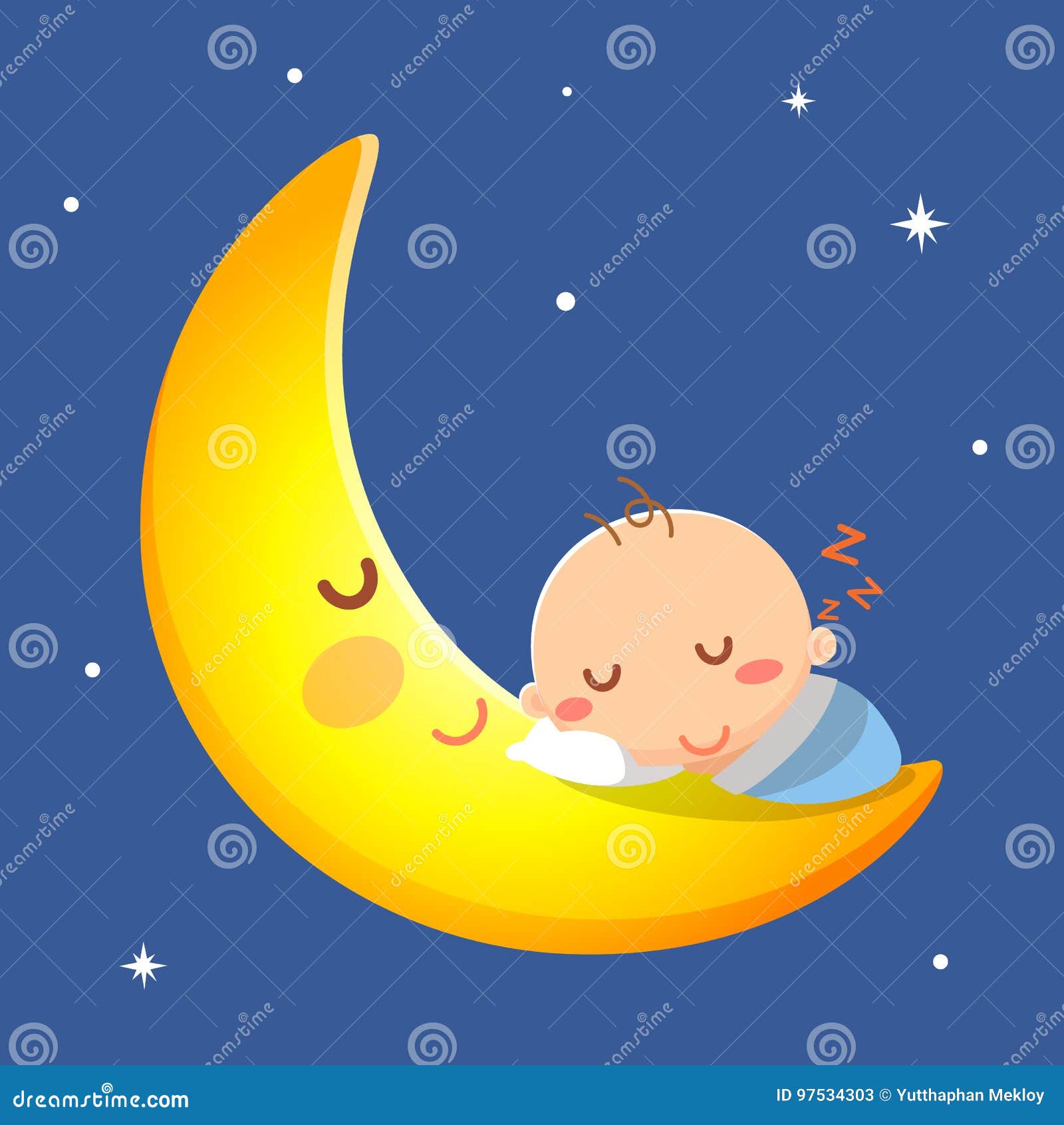 Baby sleep on the moon. stock illustration. Illustration of moon - 97534303