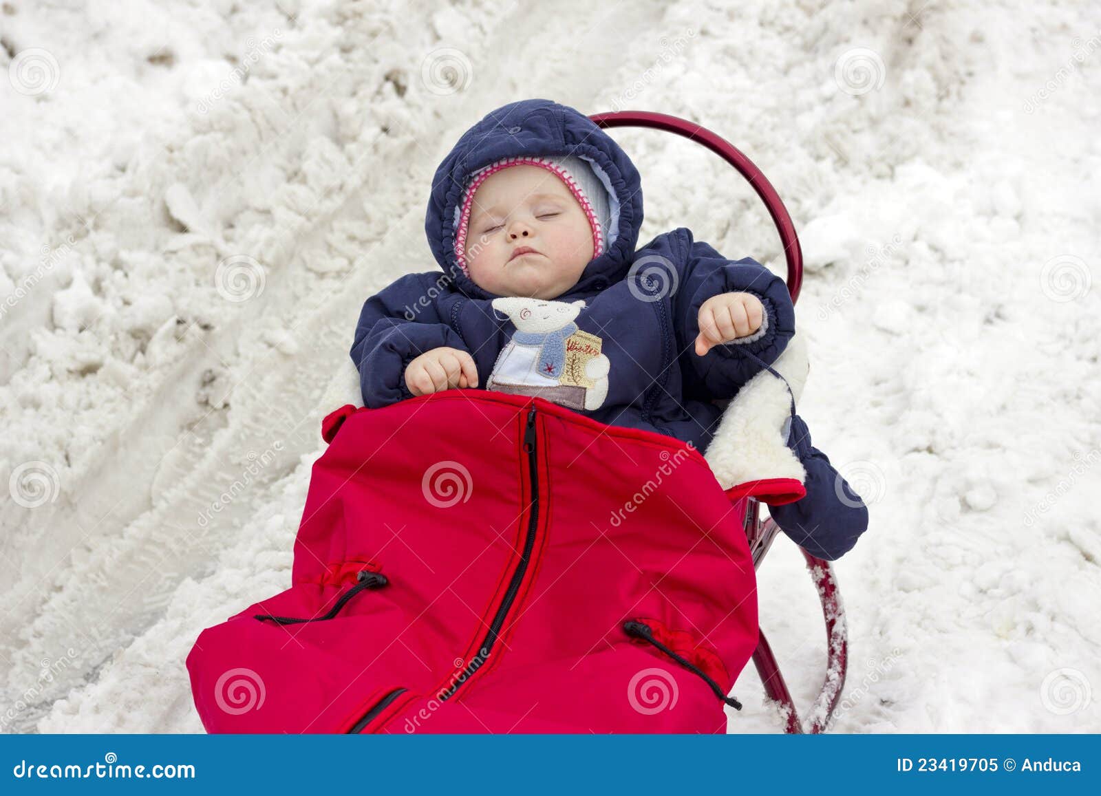 Baby Sleeping in Red Sledge Stock Image - Image of repose, babies: 23419705