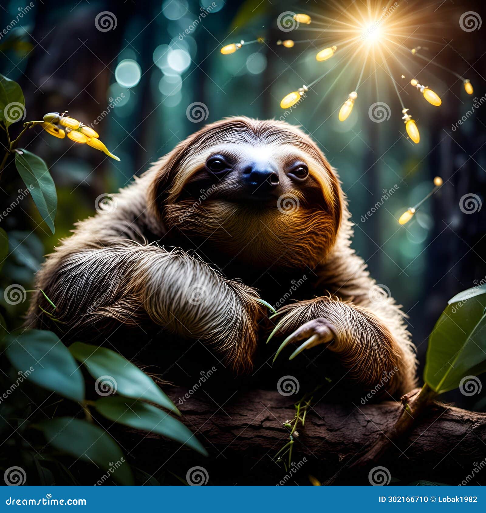 Baby Sloth in a Dark Enchanted Forest with Fireflies at Night Stock ...