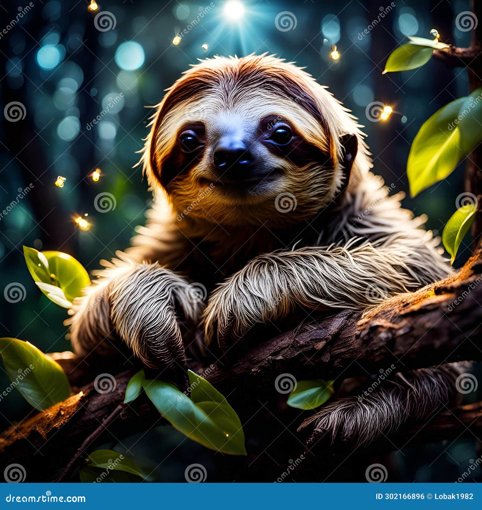 Baby Sloth in a Dark Enchanted Forest with Fireflies at Night Stock ...