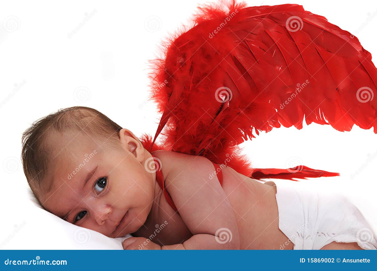 Baby Smiling and Wearing Red Angle Wings Stock Photo - Image of ...