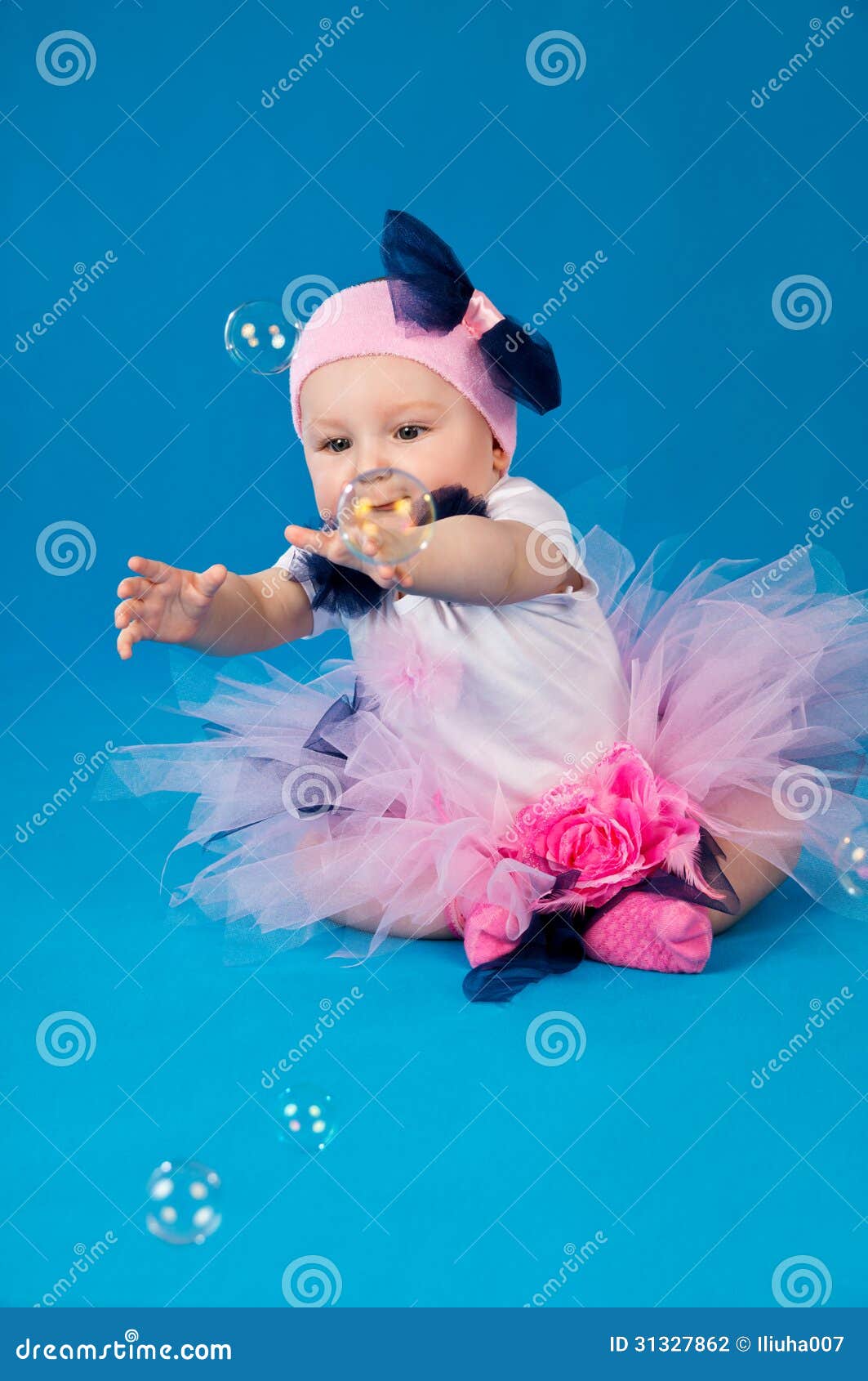 Baby and Soap Bubbles on a Blue Background Stock Photo - Image of baby ...