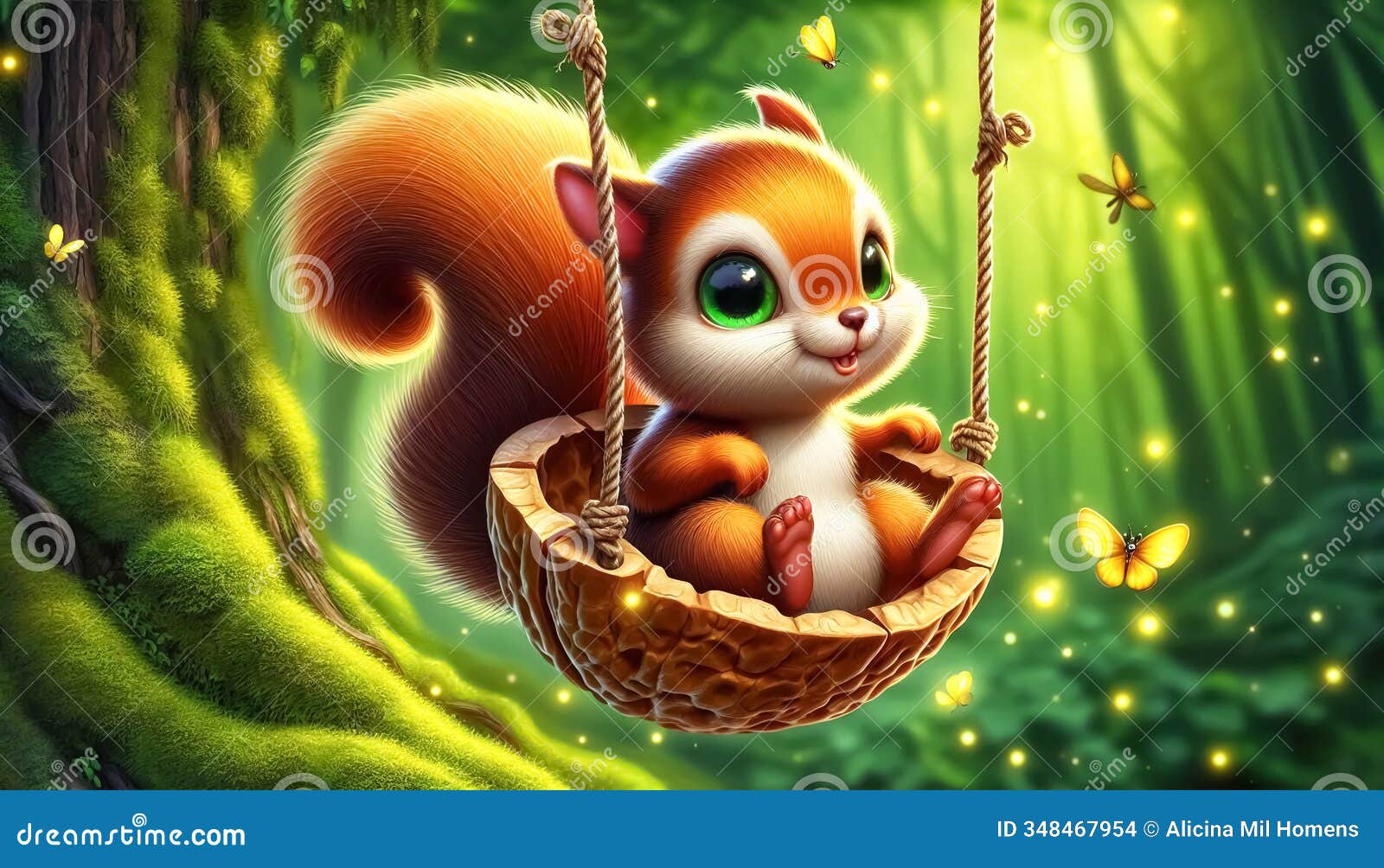 Baby Squirrel on a Swing Made from Walnut Shells Illustration Stock ...