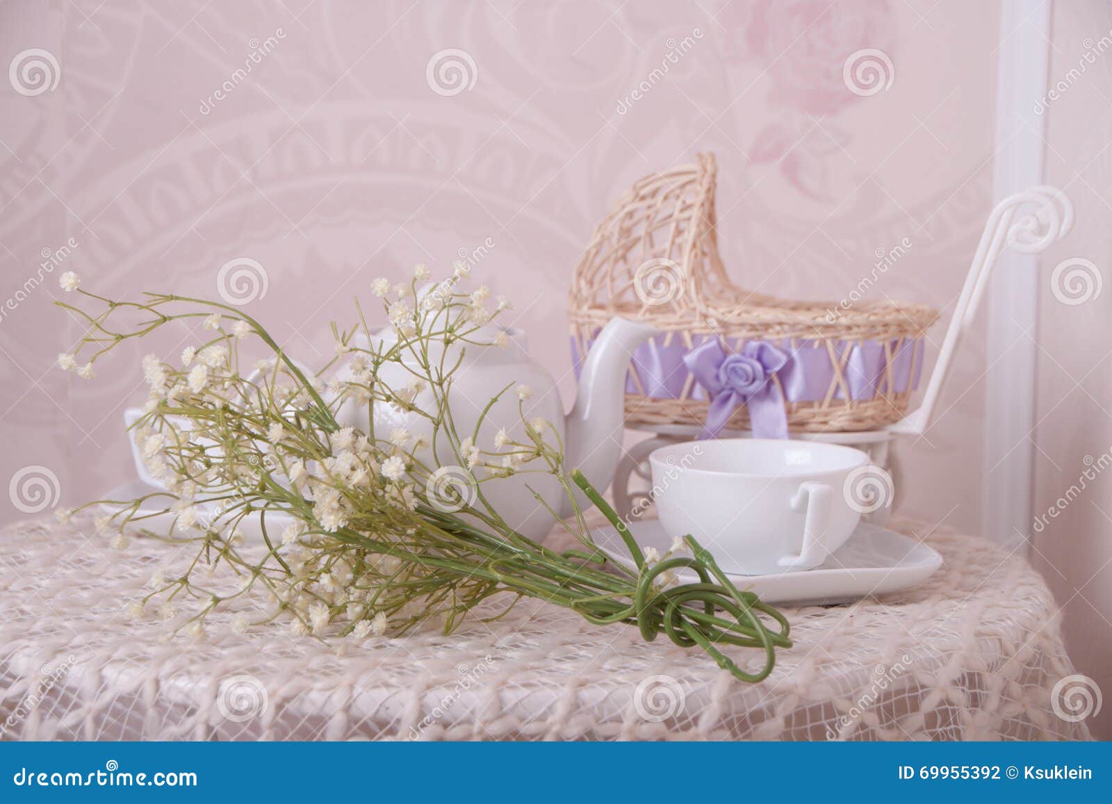 Baby Stroller, Tea Cup and Spring Bouquet Composition Stock Photo ...
