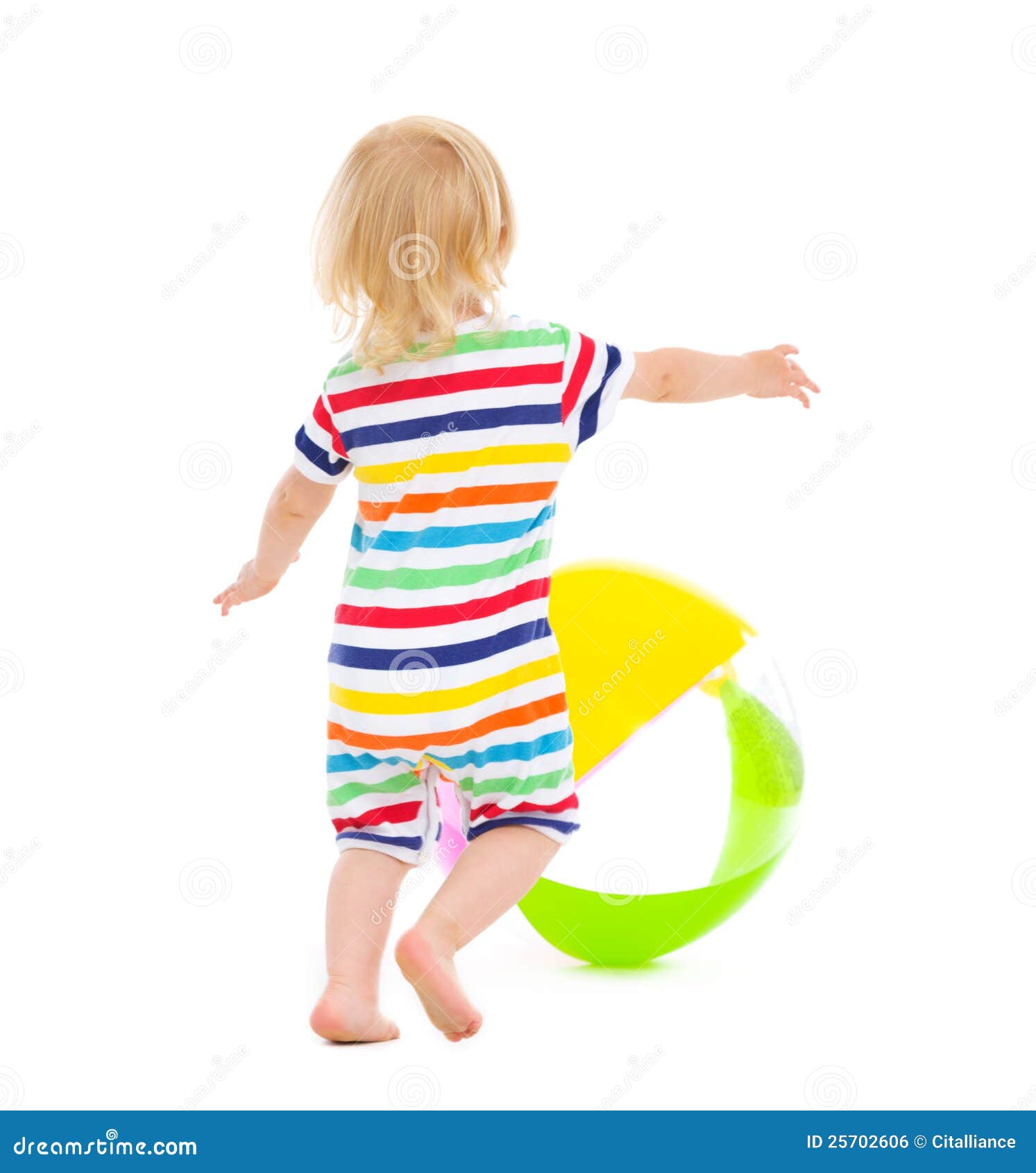 Baby in Swimsuit Playing with Ball. Rear View Stock Photo - Image of ...