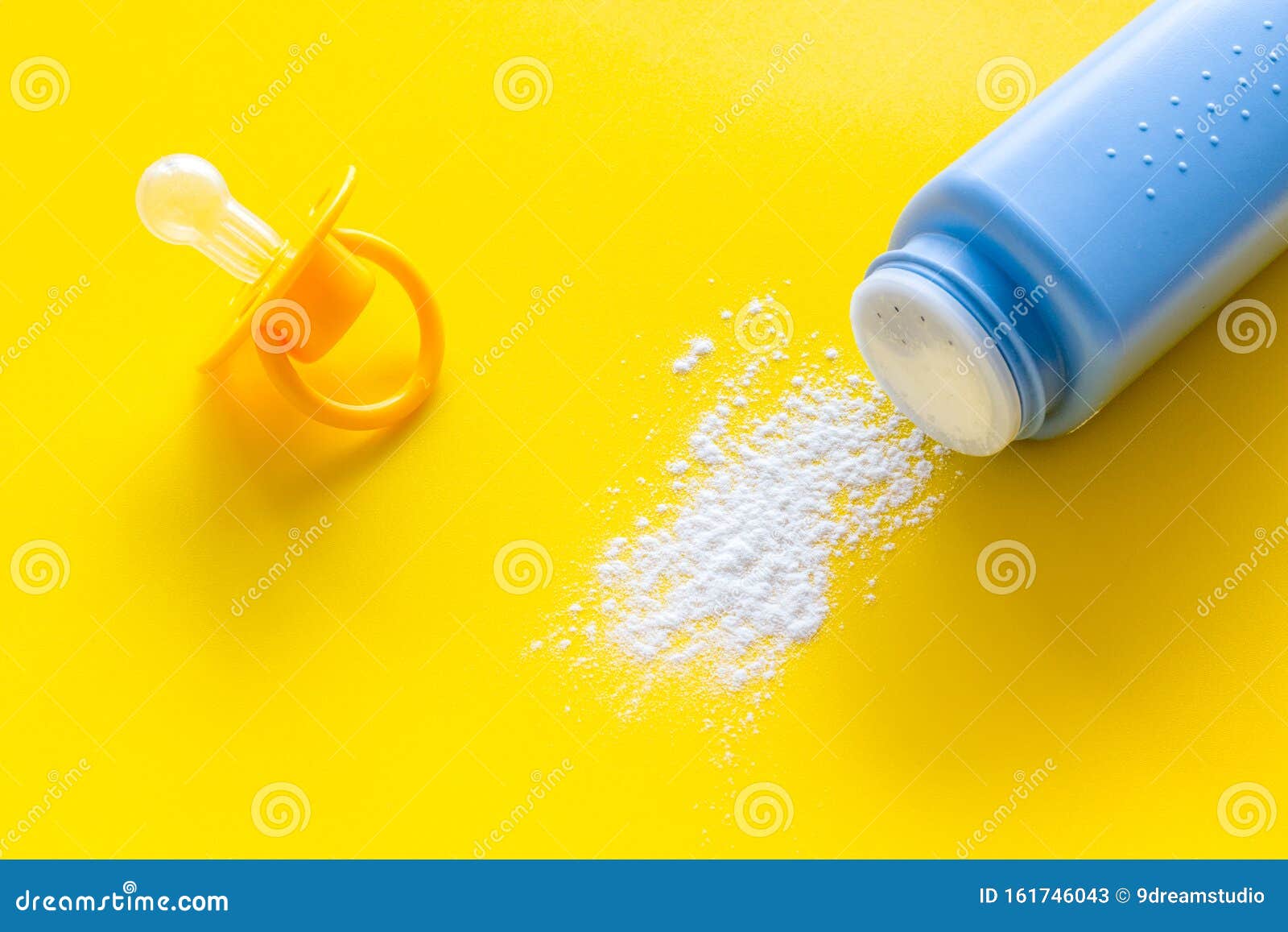 Baby Talcum Powder for Delicate Skin Care Near Pacifier on Yellow ... Baby Talcum Powder for Delicate Skin Care Near Pacifier on Yellow ...