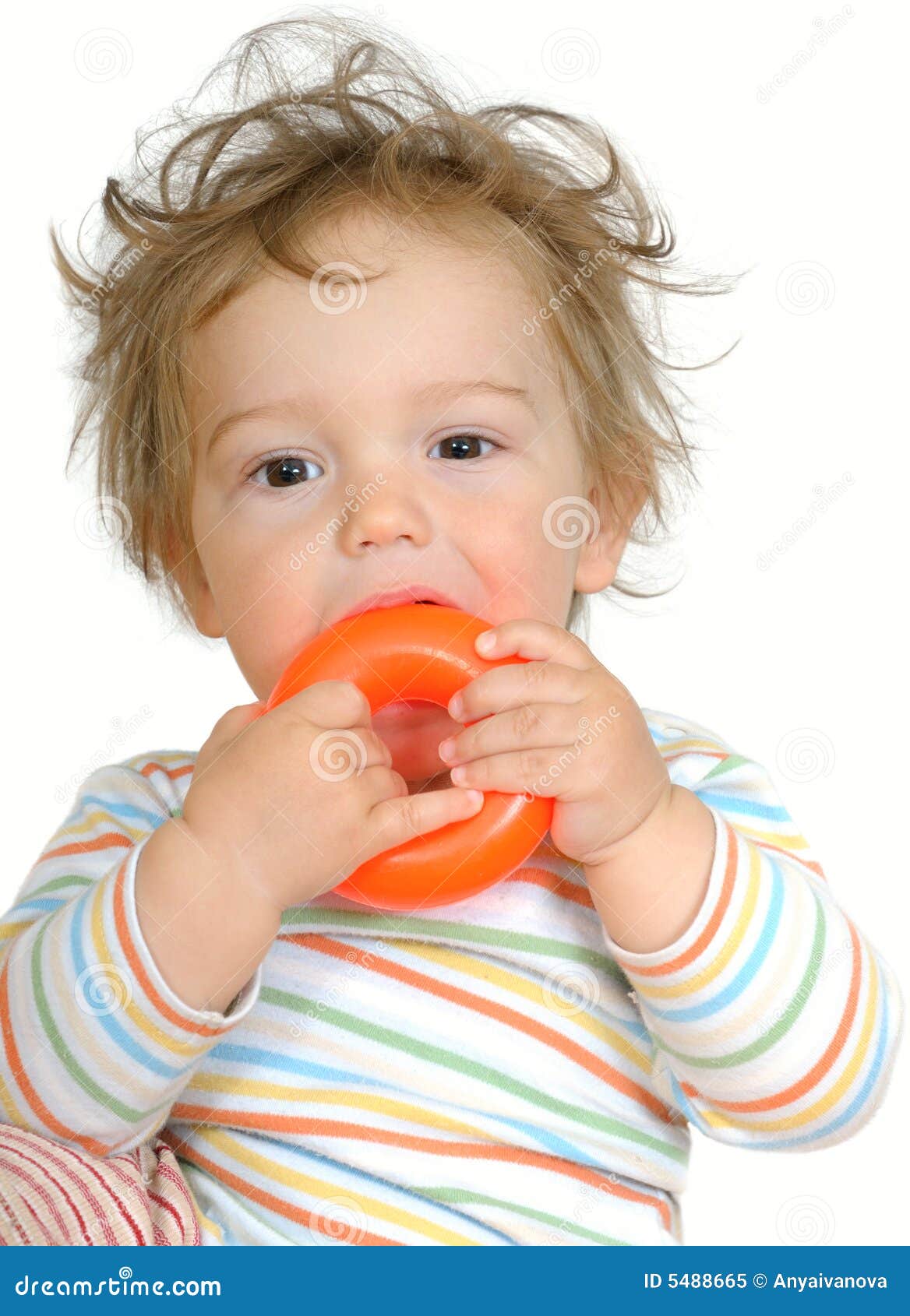 Baby Teething on Orange Plastic Ring Stock Image - Image of child ...