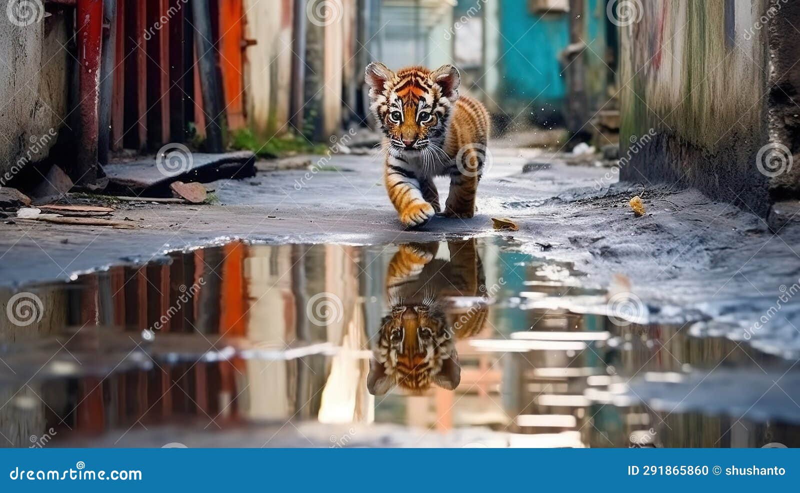 Baby Tiger Walks through the Puddle Reflection Stock Illustration ...