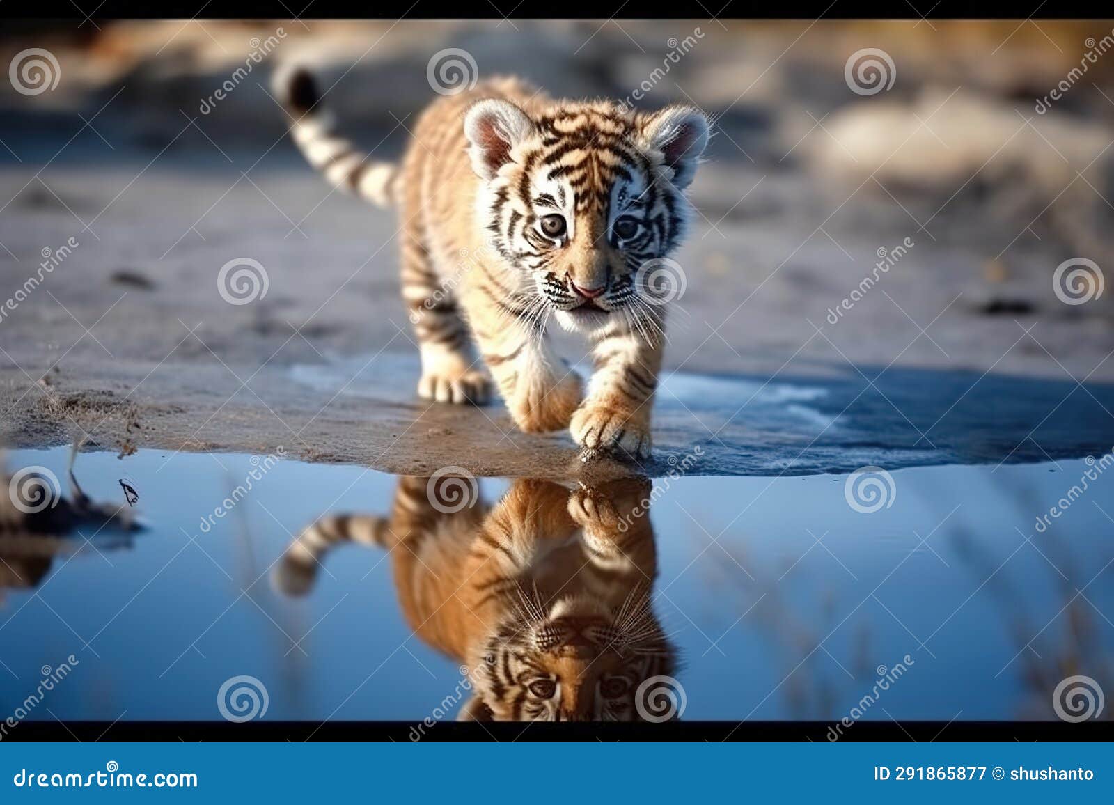 Baby Tiger Walks through the Puddle Reflection Stock Illustration ...
