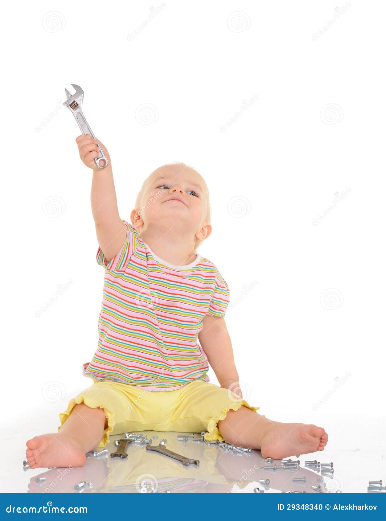 Baby with Tools on White Background Stock Photo - Image of smiling ...