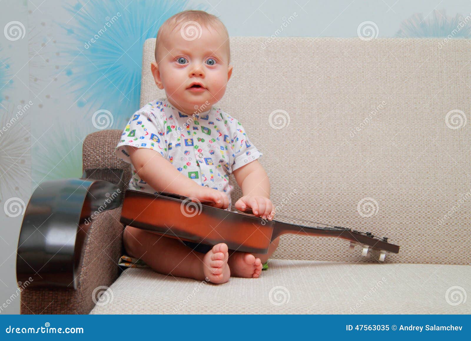 Baby Try To Play Guitar on Couch Stock Image - Image of apartment ...