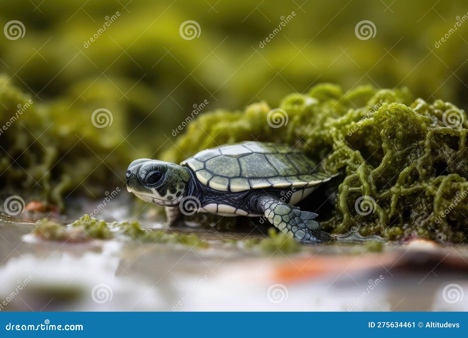 Baby Turtle Finding Its Way through Maze of Seaweed on the Beach Stock ...