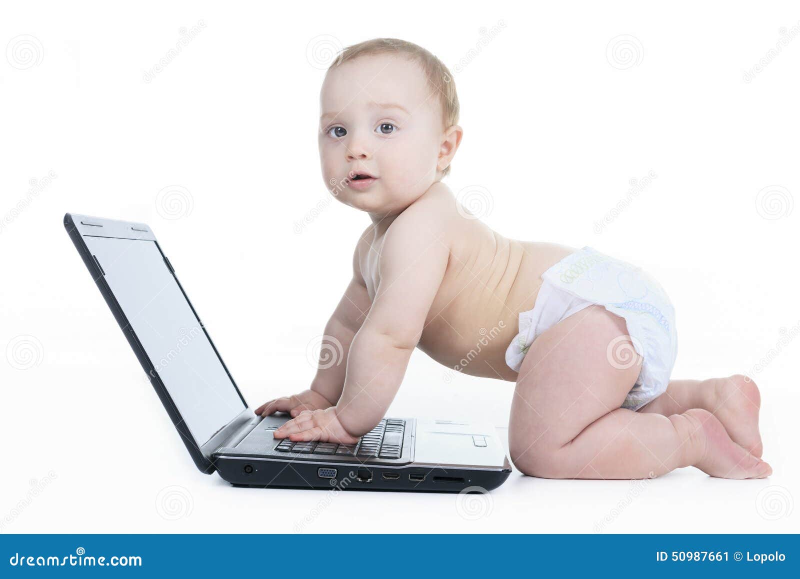Baby Using Laptop Over White Background Stock Image - Image of people ...