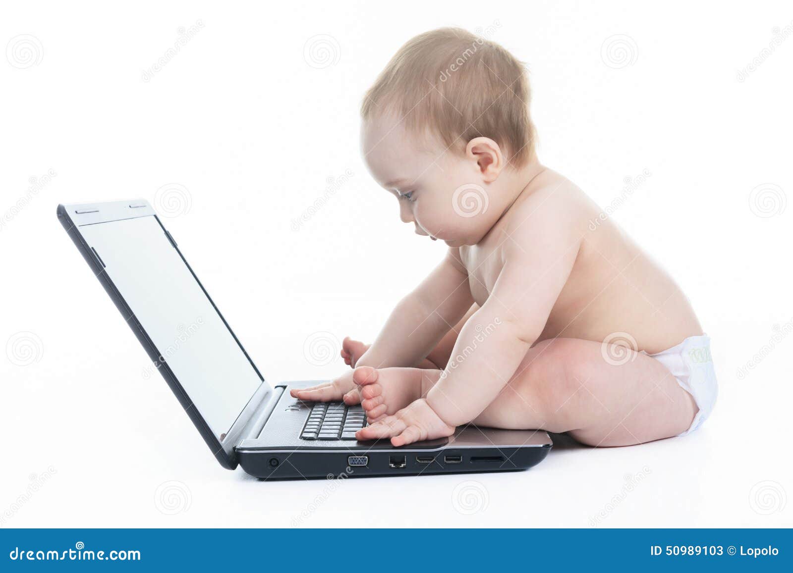 Baby Using Laptop Over White Background Stock Image - Image of person ...