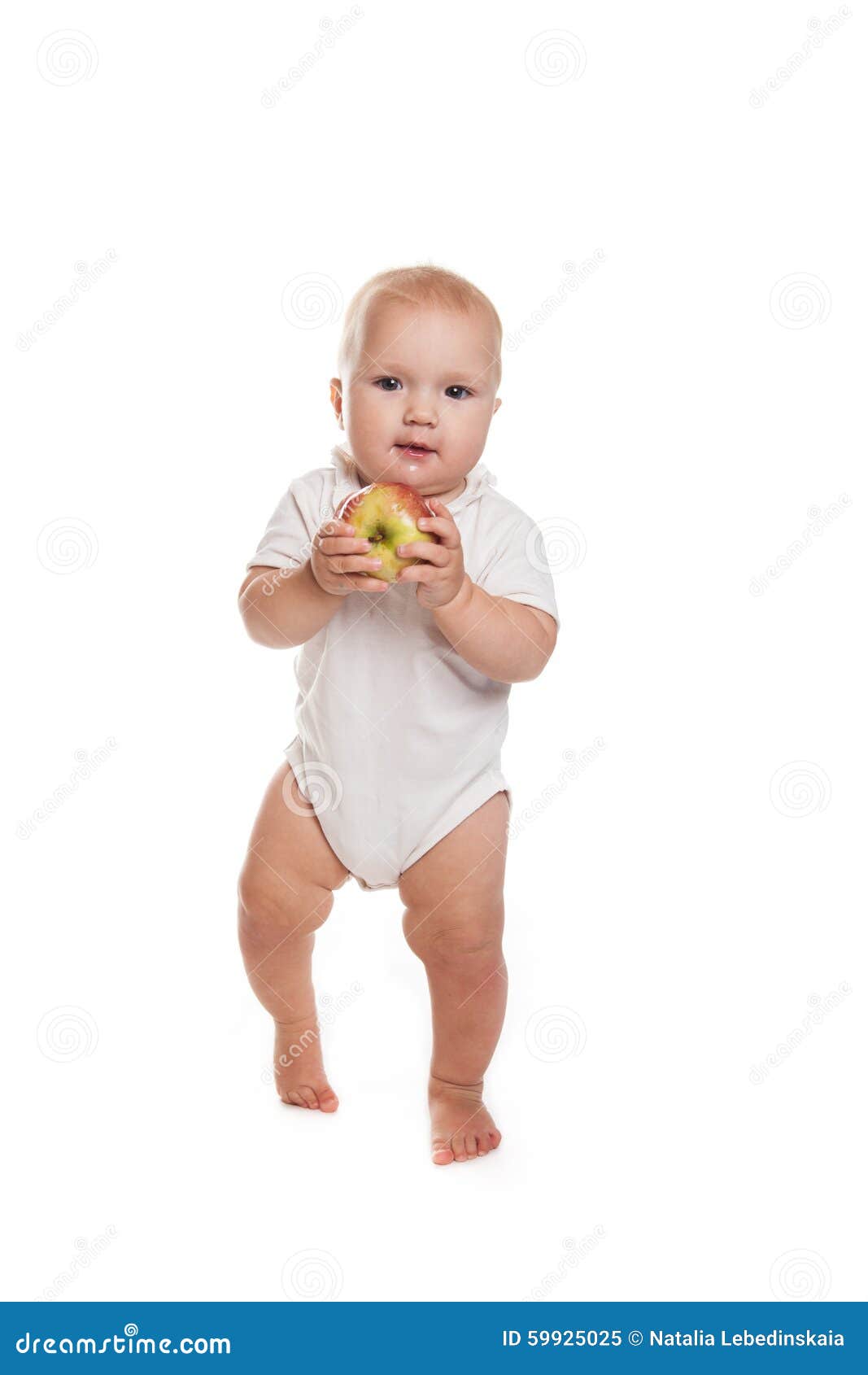 Baby Walking with an Apple on a White Background Stock Image - Image of ...