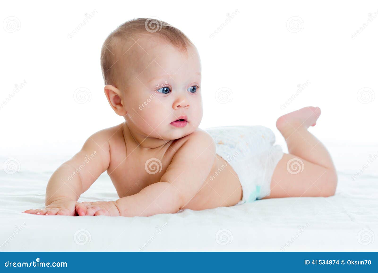 Baby Weared in Diaper Lying Isolated Stock Photo - Image of blue, blond ...