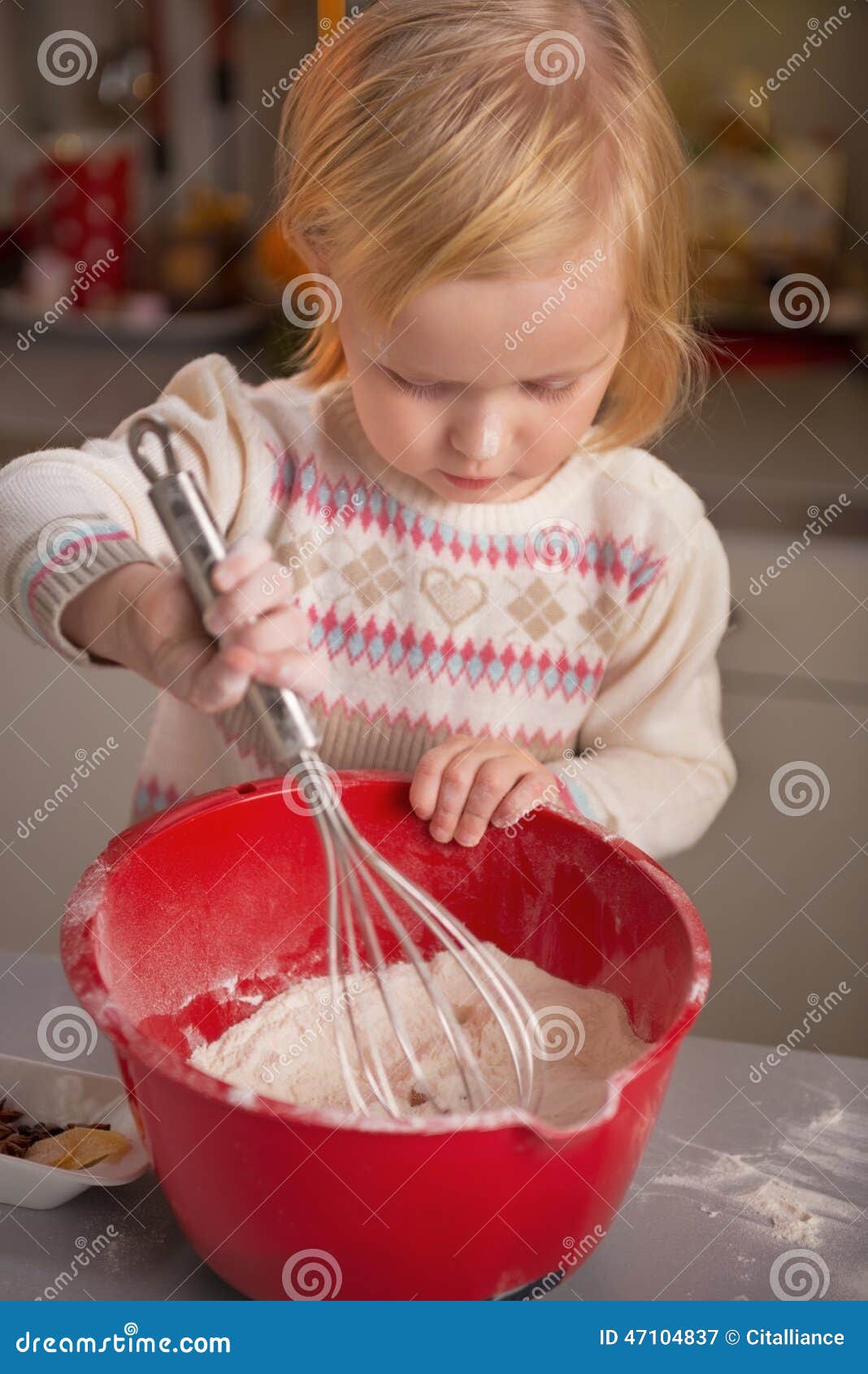 Baby Whisking Flour in Kitchen Stock Image - Image of evening ...