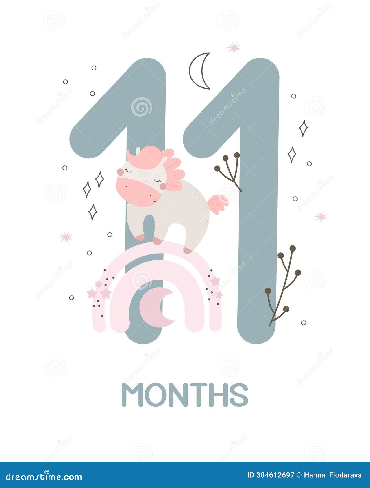 Baby Milestone Card. Cartoon Unicorn, Number, Hand Drawing Lettering ...