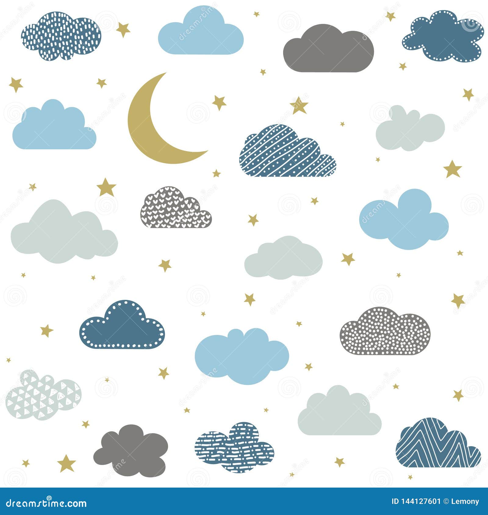 Cute Baby Clouds, Stars, Moon Pattern Vector Seamless Stock Vector ...