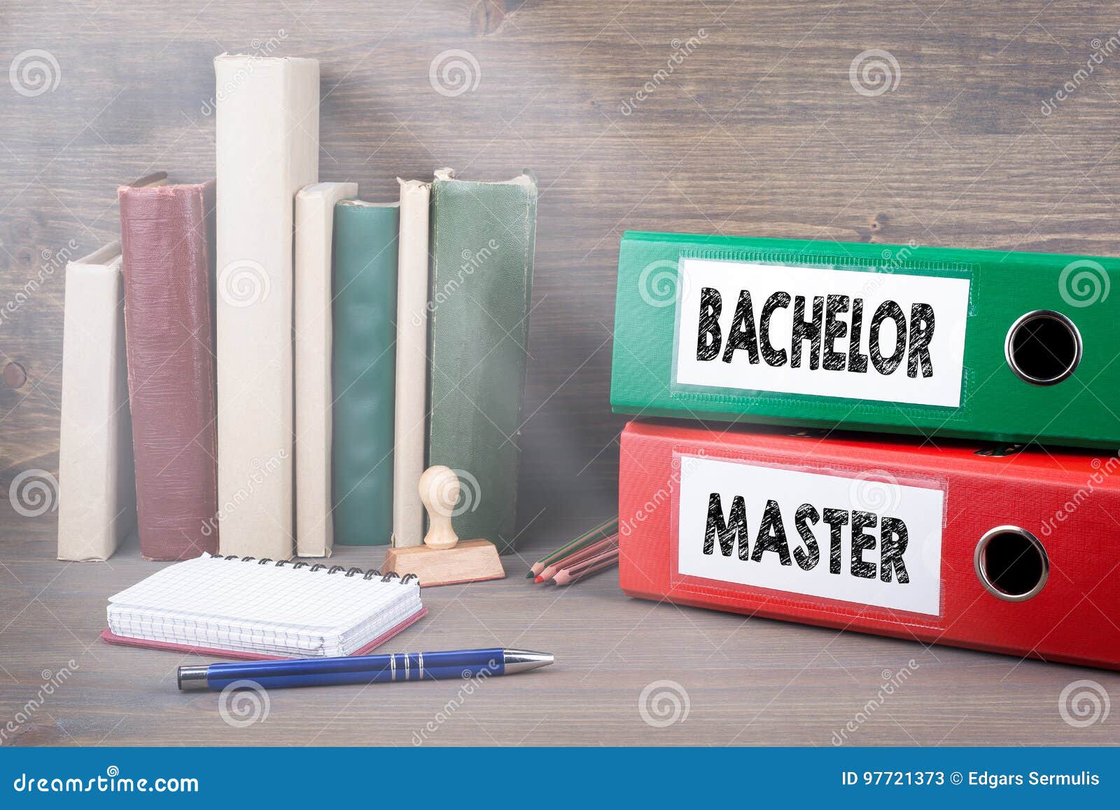 Bachelor and Master. Binders on Desk in the Office Stock Image - Image ...