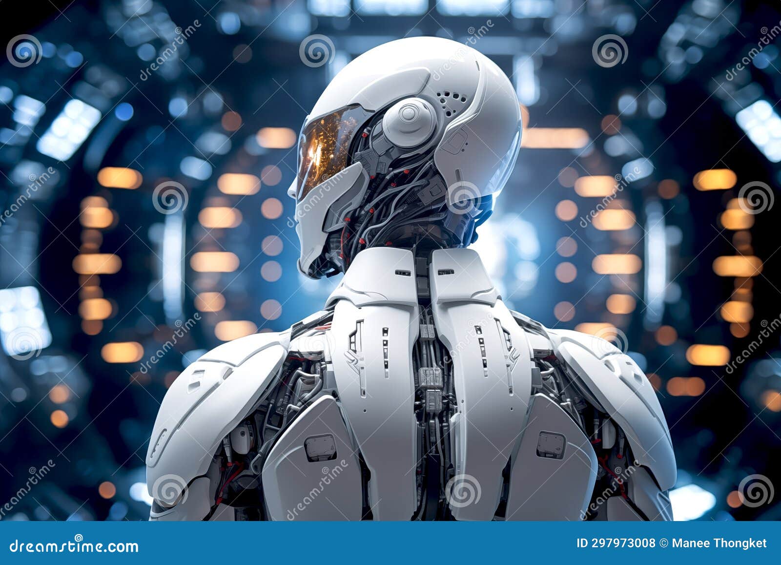 Back of an Artificial Intelligence Machine Standing in Digital World ...