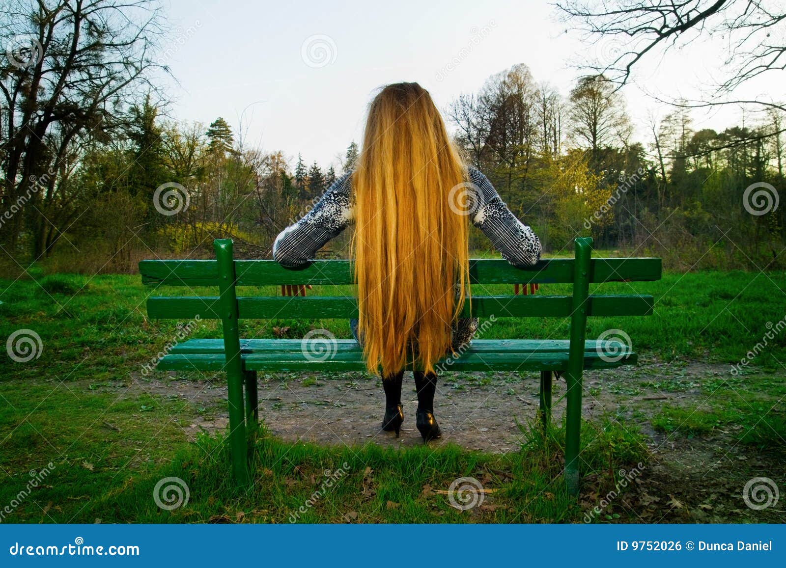 Back of Blond Hair Woman Sitting on Park Bench Stock Photo - Image of ...