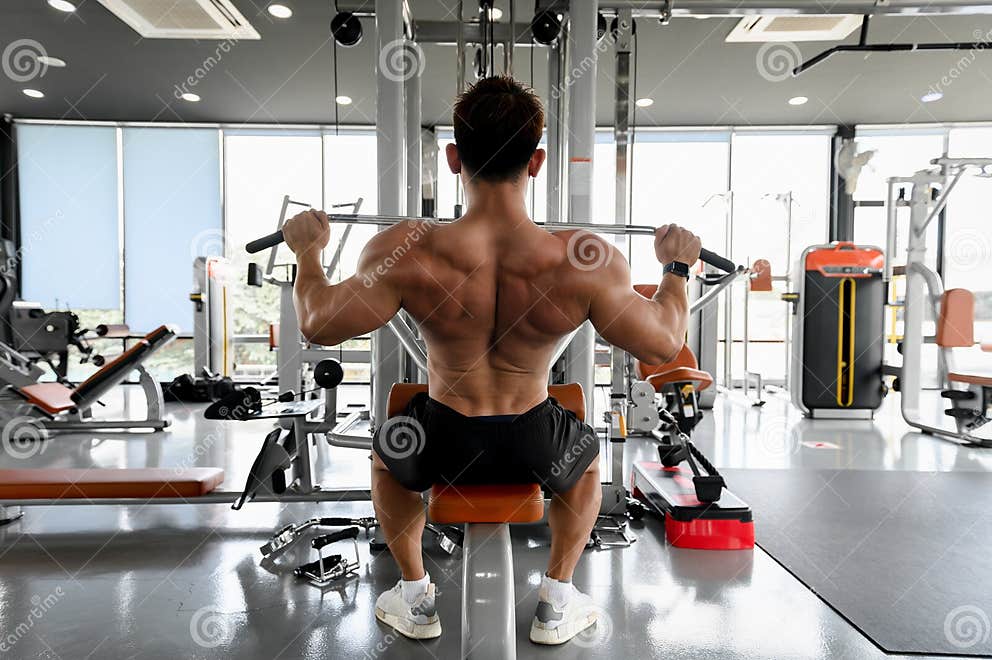 Back of Bodybuilder Man while Workout Doing Cable Rope Pushdowns ...