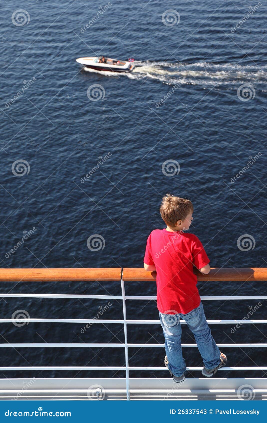 Back of Boy Standing at Railing on Deck of Ship Stock Image - Image of ...