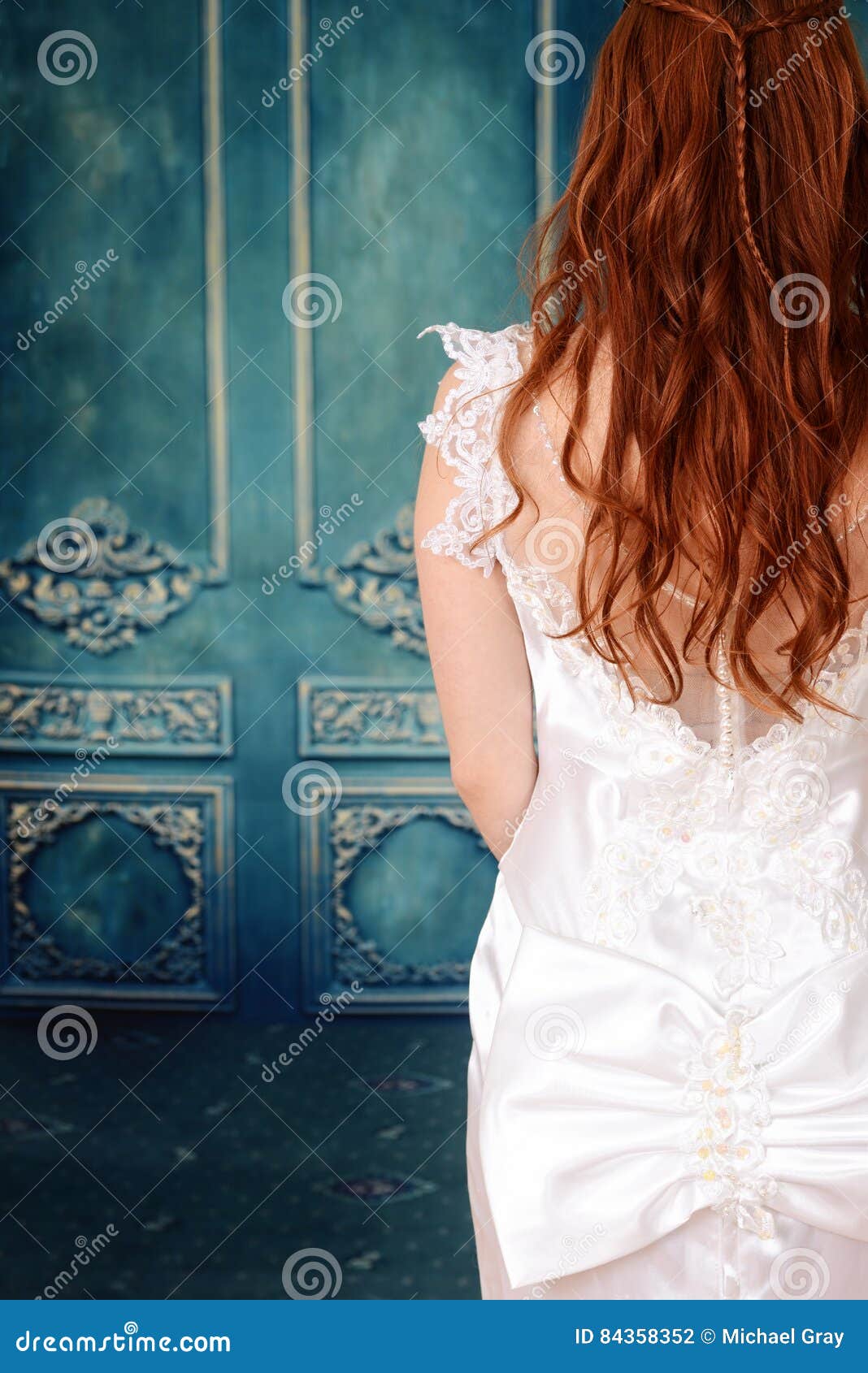 Back of Bride with Blue Wood Wall Stock Photo - Image of back, closeup ...