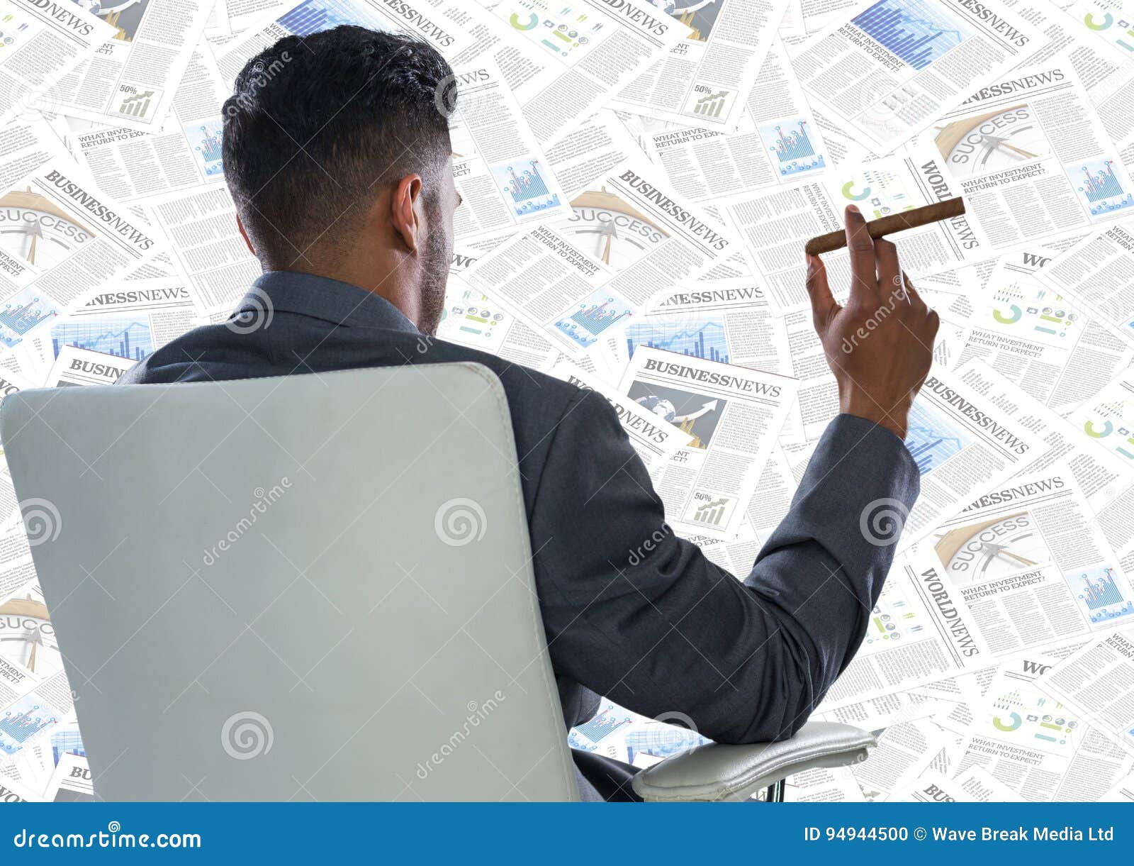Back of Business Man in Chair Looking at Document Backdrop Stock Photo ...