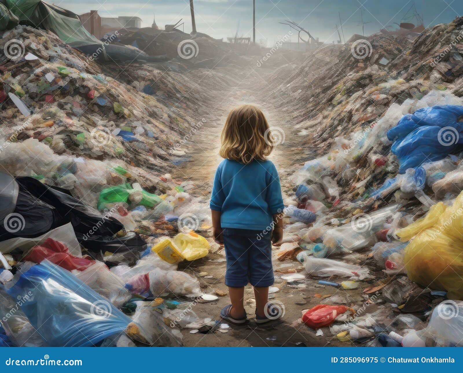 The Back of a Child Standing and Looking at a Pile of Garbage on the ...
