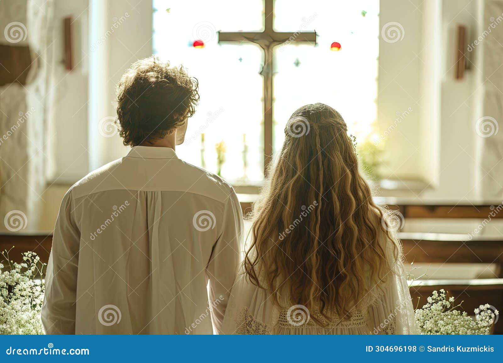 Back of Couple in White Clothes Getting Married on the Cross of Jesus ...