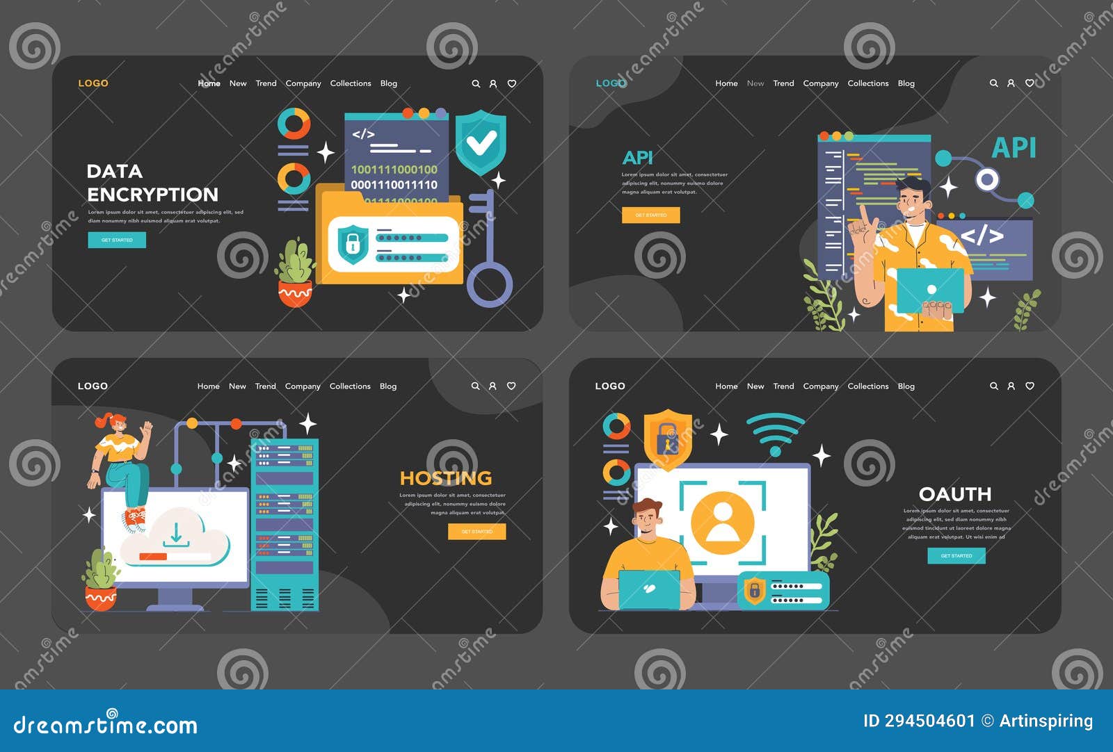Back-end Development Web Banner or Landing Page Dark or Night Mode Set Stock Vector ...