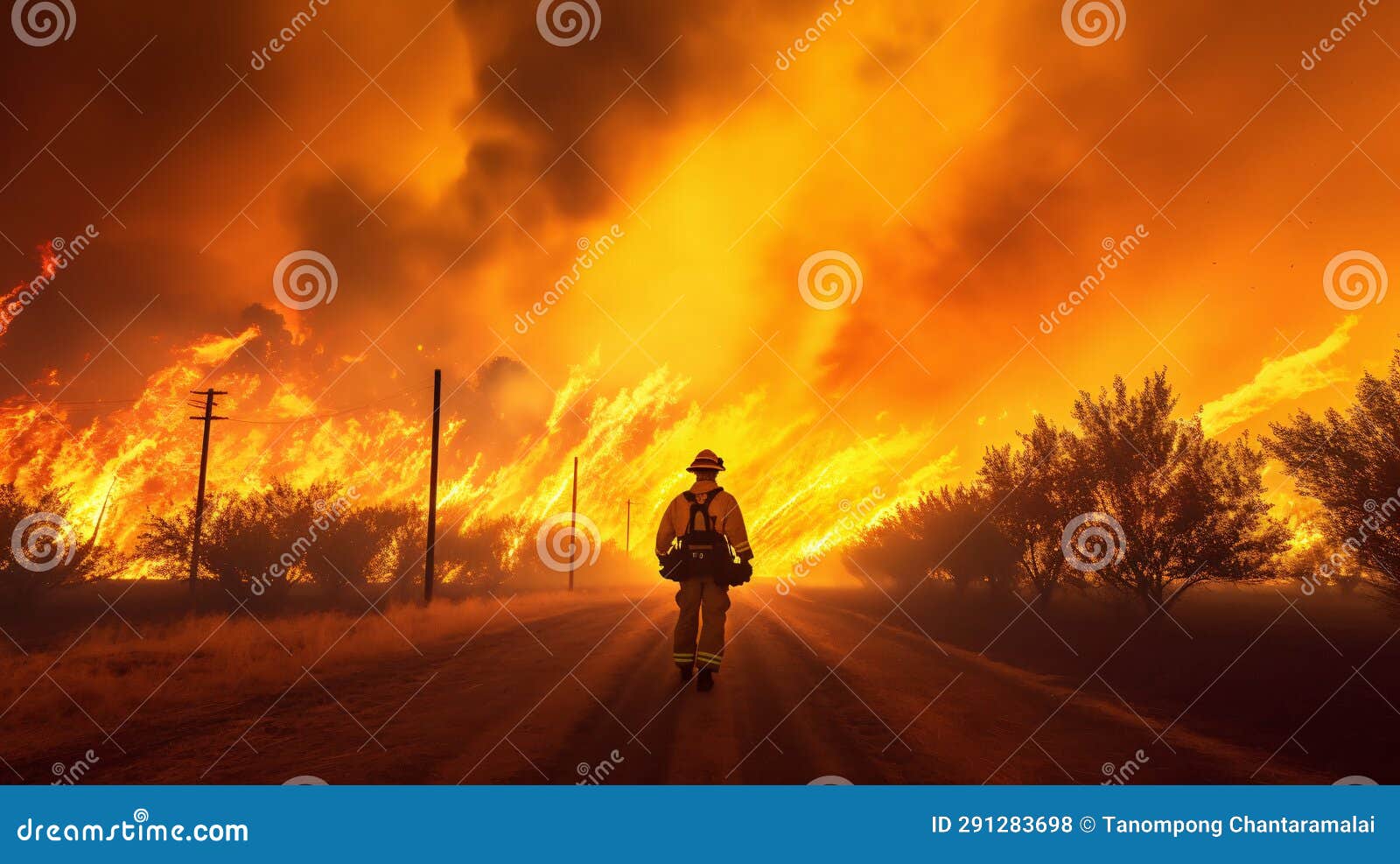 Back of a Firefighter Confronted with the Extreme Heat and Rapid Spread ...