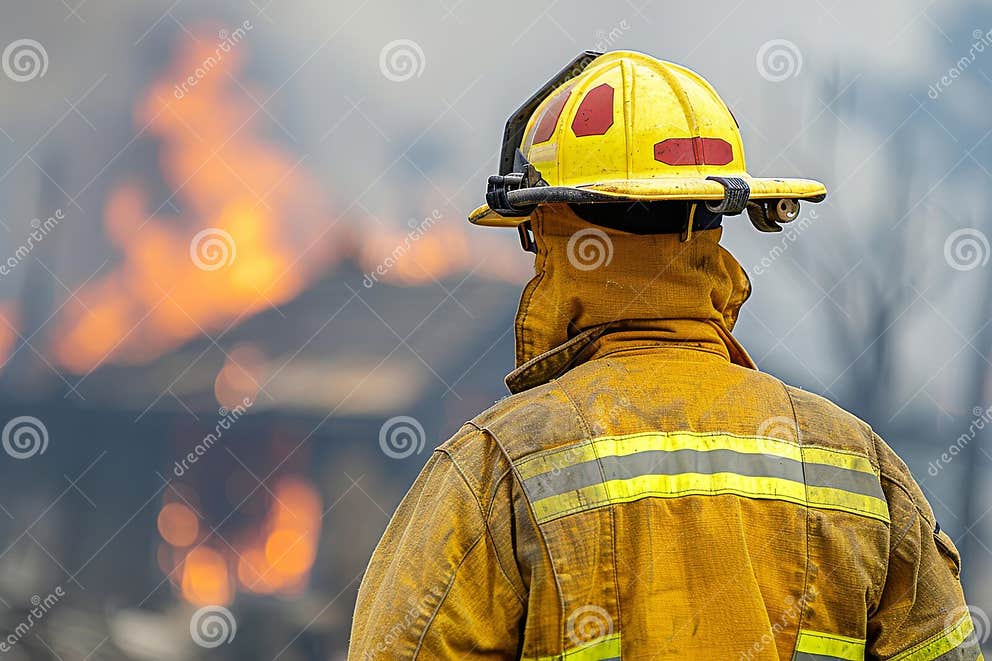 Back of Firefighter in Protective Gear Standing in Front of Burning ...