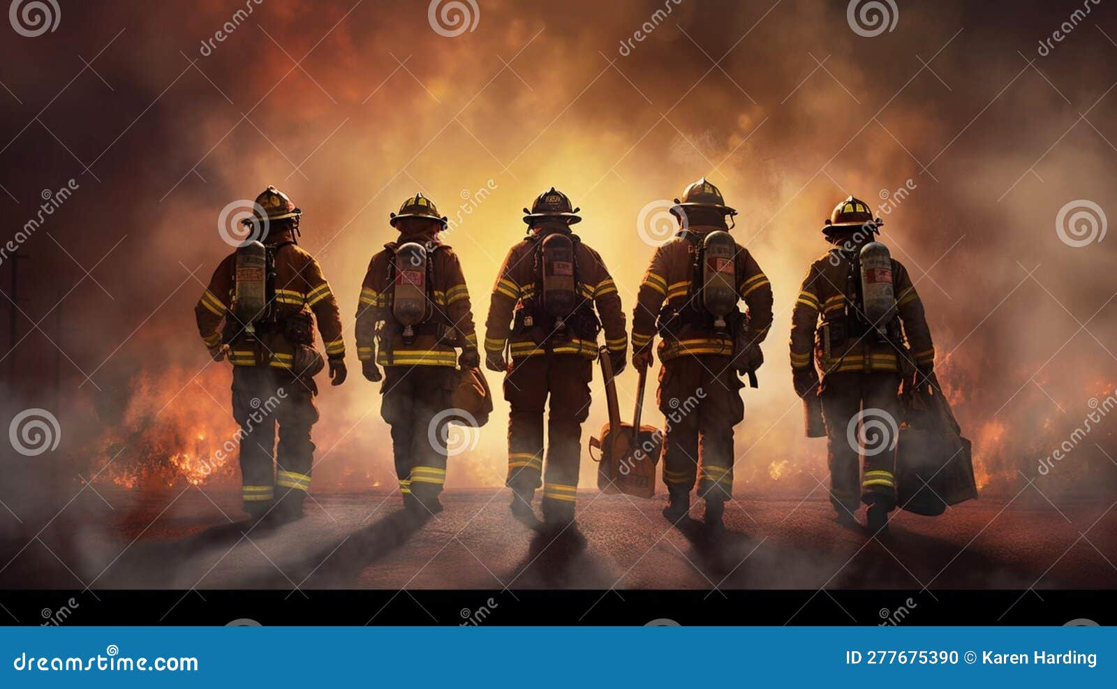 Back of Firefighters Walking Toward Fire Stock Illustration ...