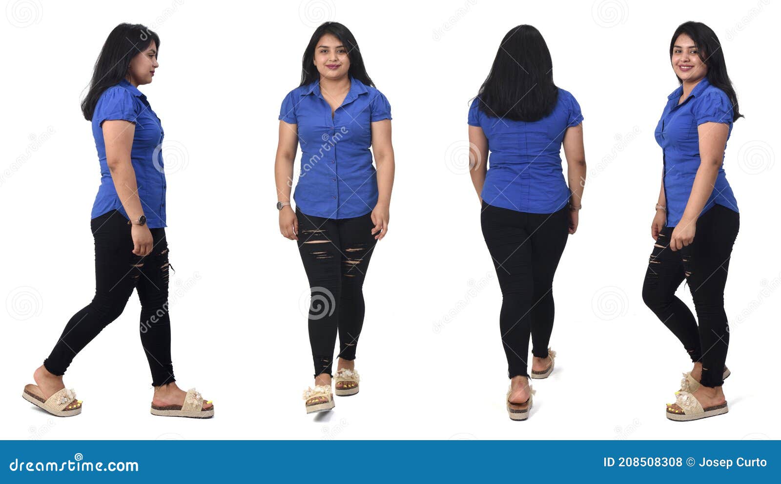 Back, Front and Side View of Same Woman Walking on White Background ...